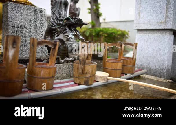 4K, Japanese water ablution pavilion for a ceremonial purification rite ...