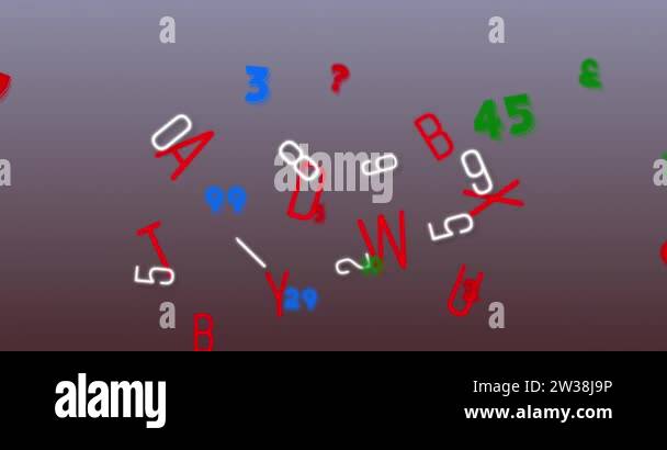 Digital animation of multiple changing numbers and alphabets against purple background. school ...