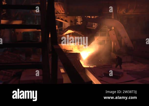 Blast Furnace Orange Light Smoke Worker is Loading the Coal into Blast ...