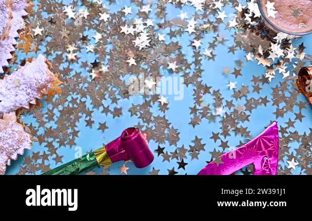 Falling confetti and sparkles. Traditional Venetian carnival and food ...