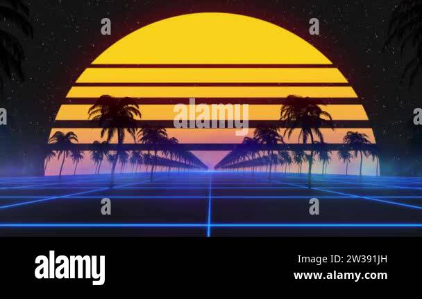Stylized vintage 3D animation background with palm trees, sun and ...