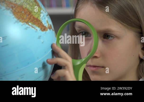 Kid Studying Earth Globe, Child in School Class, Student Girl Learning ...