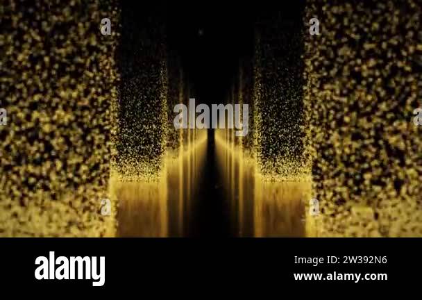 Rising golden particle pillars. Wonderful dark golden hall with pillars ...