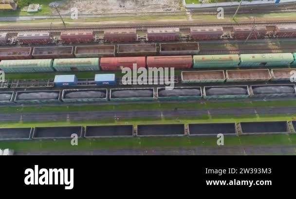 large railway interchange with freight trains top view. Top view of ...
