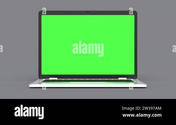 Opening and closing laptop with a green screen on a gray background. 4K ...