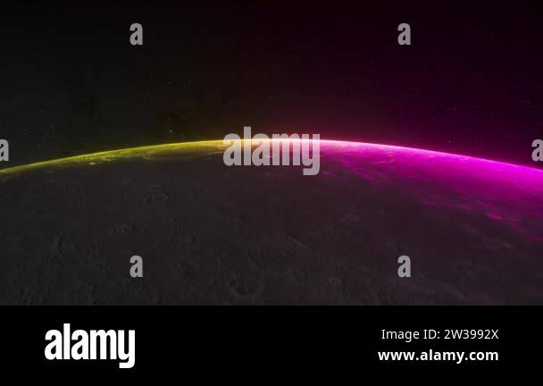 Fantastic neon sunrise on the moon from space. The rotation of the moon ...