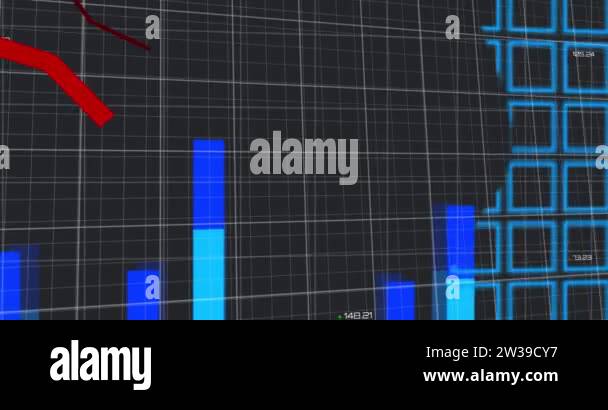 Animation of red and blue graphs forming with a grid over a world map with changing numbers ...