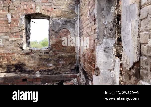 Burned house after fire, ruined building room inside, disaster or war ...