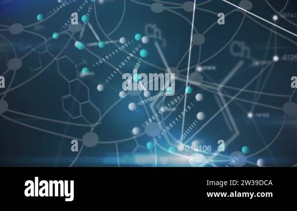 Digital animation of multiple changing numbers over dna structure spinning against chemical ...