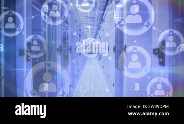 Animation of connected people icons over an empty server room. digital interface global ...