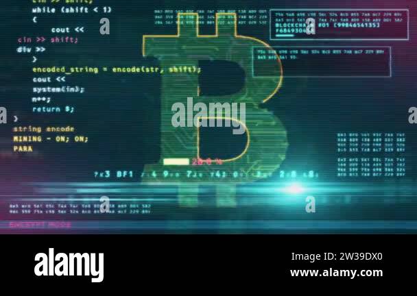 Bitcoin mining on computer screen background. Digital crypto currency ...