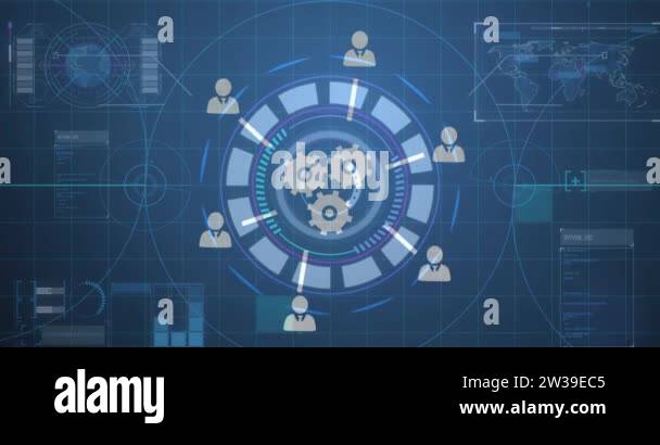 Animation of scope scanning, digital icons and data processing with world map in background ...