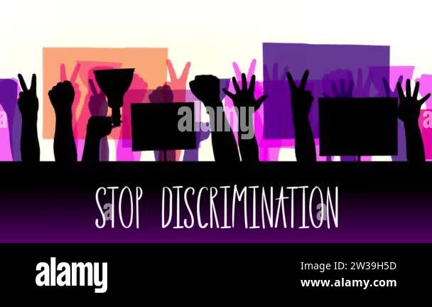Animation with text- Stop Discrimination. black silhouettes of ...