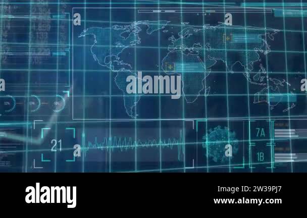 Animation of a grid with a graph over a world map with statistics ...
