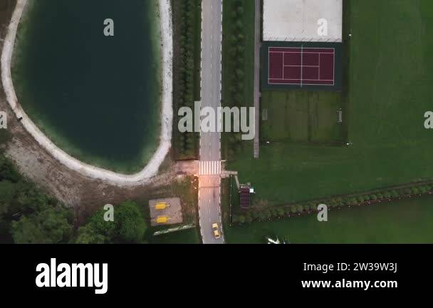 A view from above at the cottage village recreation areas, road, lake ...