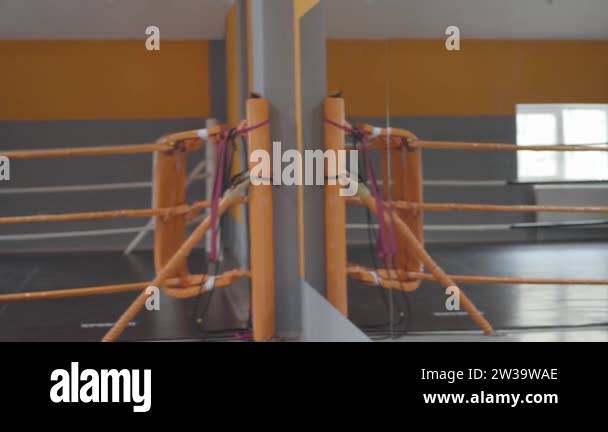 Empty boxing ring in gym. Camera moving along sports club for boxers ...