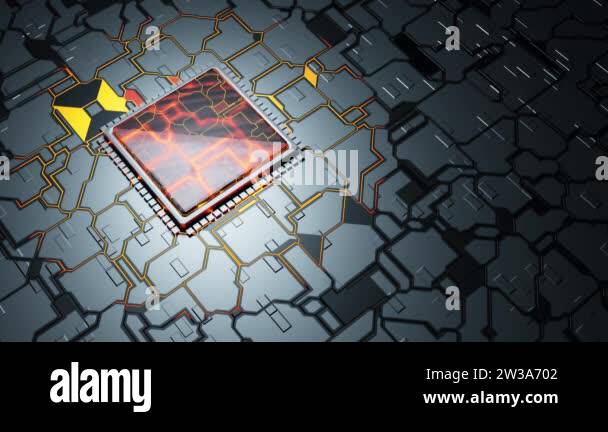 Abstract loop Artificial Intelligence CPU or neural processor with bright flickering electric ...