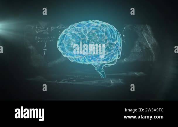 Animation of a 3D human brain model spinning over three screens showing ...