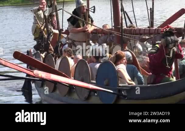 Combat Viking ship. Medieval warriors. Video in 4K, UHD. Real time ...