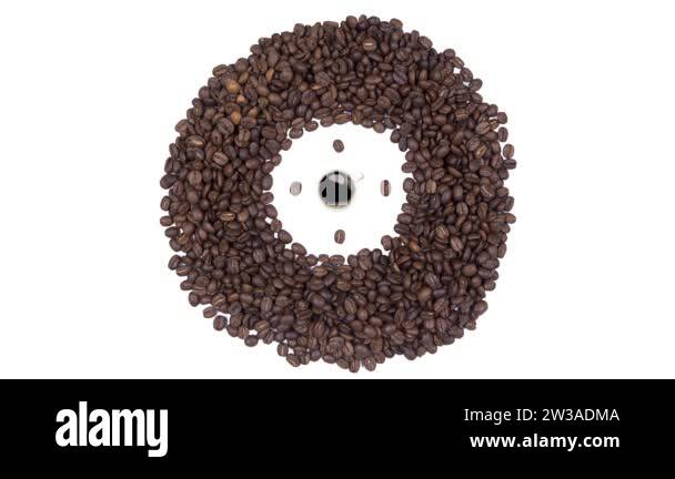 Coffee Time - Cup of black coffee and clock of coffee beans, seamless loop animation isolated on ...