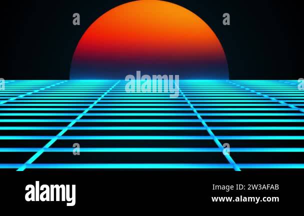 Retro landscape of the 80s. Computer generated futuristic sun and ...