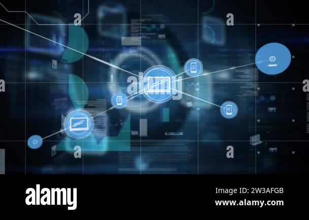 Animation of connected technological icons with data and information ...