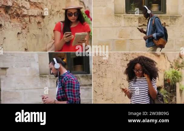 Collage on different mixed-races people walking on street. Composition ...