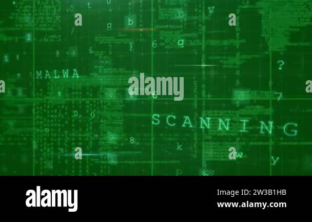 Animation of security warning, data processing, digital information flowing through network of ...