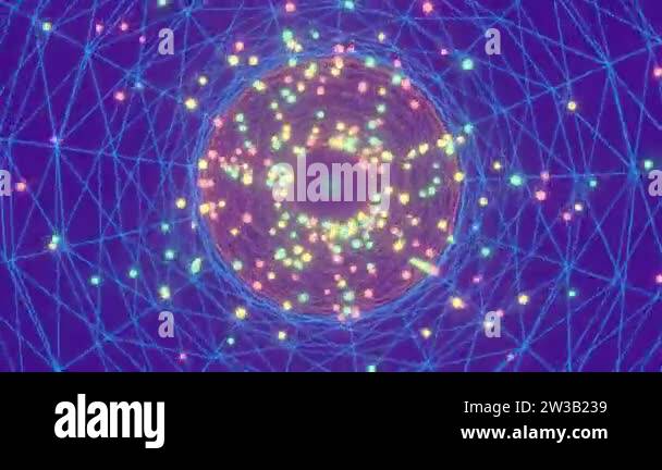 abstract background of geometric rotating circles with flying bright ...