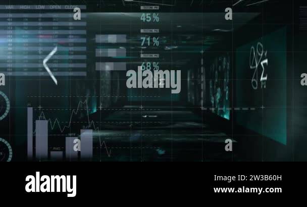 Animation of data, statistics and multiple graphs floating over a ...