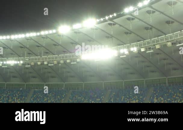 Inside the stadioum. Flying over the football stadium. Soccer field at ...