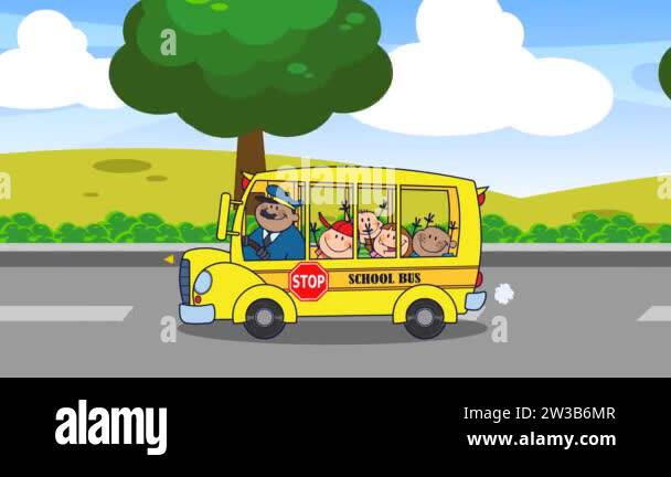 School Bus With Happy Children Cartoon Characters Going To School. 4K ...