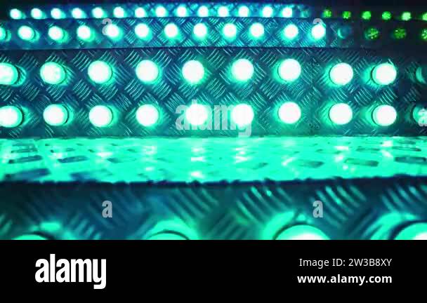 Staircase with colorful led lights. Illuminated steps. Bright lights ...