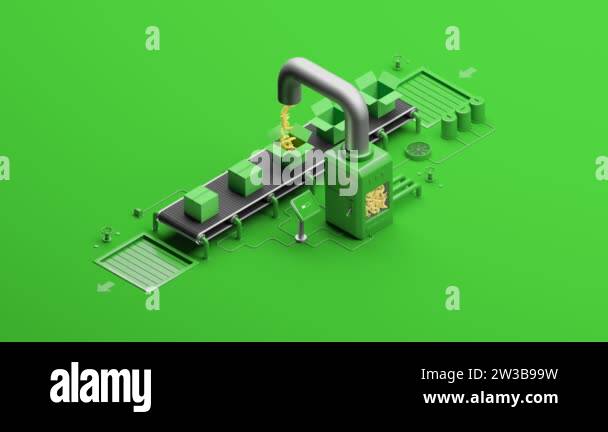 Factory conveyor moves banana boxes on the green background. From the ...