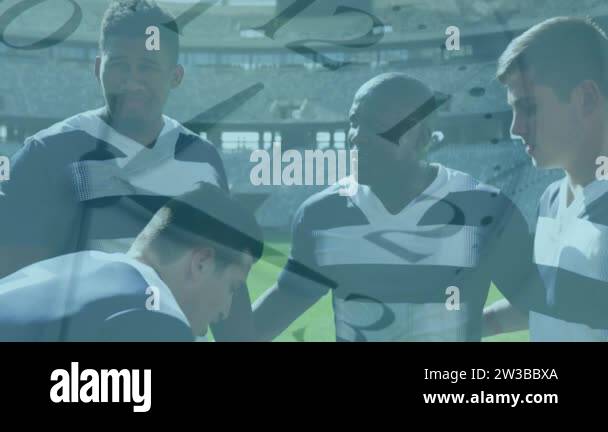 Animation of clock ticking over a multi-ethnic male rugby team standing ...