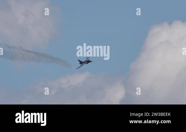 Military fighter jet in flight a low speed and high angle of attack ...