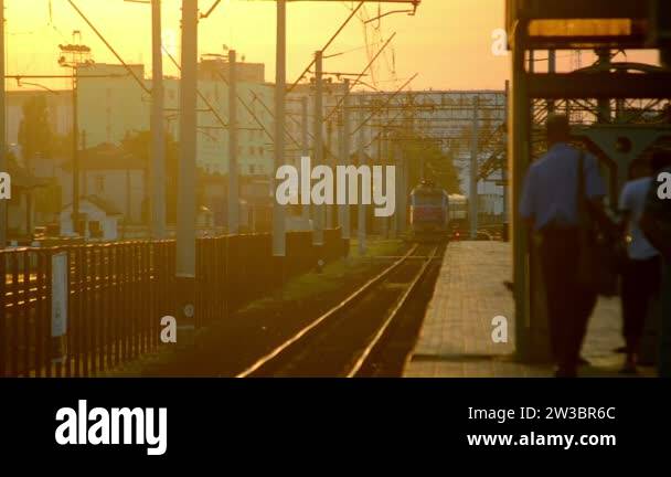 The train from the locomotive blue color and blue cars arrive at the ...