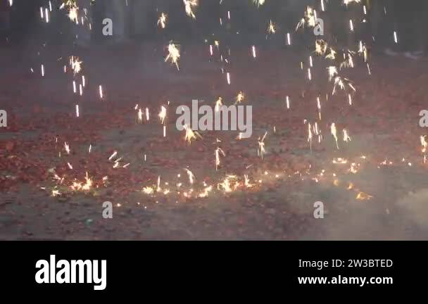 Slow motion Bright fire rain falling down in celebration of Matsu God ...