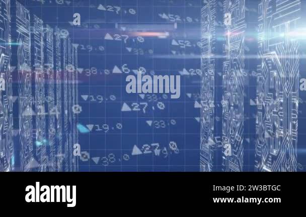 Animation Of Numbers With Arrows Floating With Microprocessor Connections Over A Grid Digital