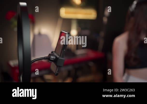 Live streaming session set up gear, Asian woman dj wear black mask ...