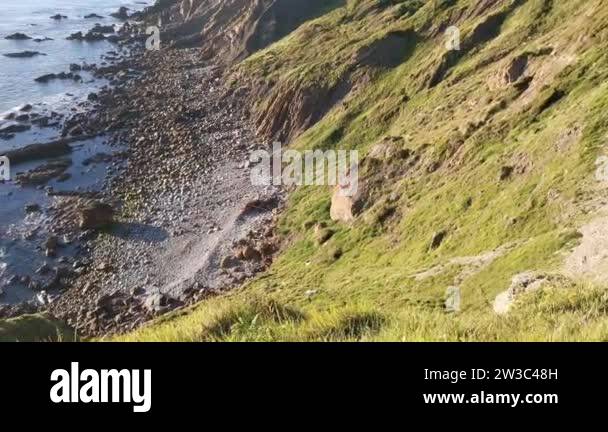 Cliff with vegetation and a cove without access in the Cantabrian ocean ...