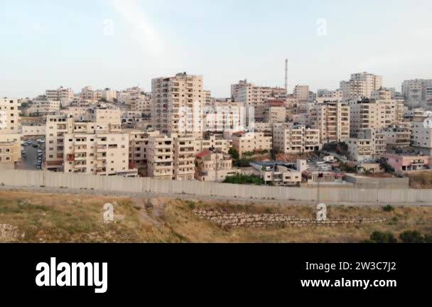Flying across the Israel Palestine border Traveling aerial shot across ...