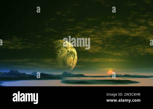 Huge Moon and Gentle Sunrise. Thick fog spills between the hills. Above ...