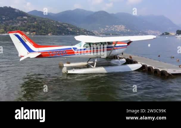 Como, July, 2019 - seaplane floats on the waters of the lake of Como ...