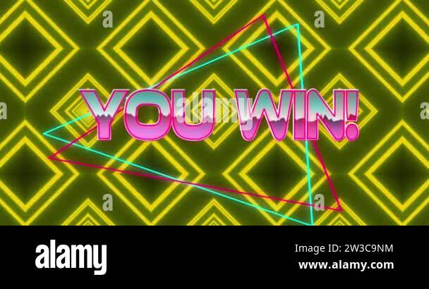 Animation of you win text in pink metallic letters over neon triangles ...
