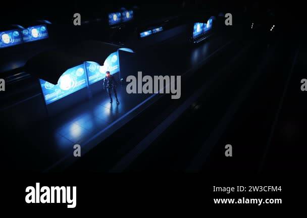 Robot on the Sci Fi railway futuristic station. Future concept. Aerial ...