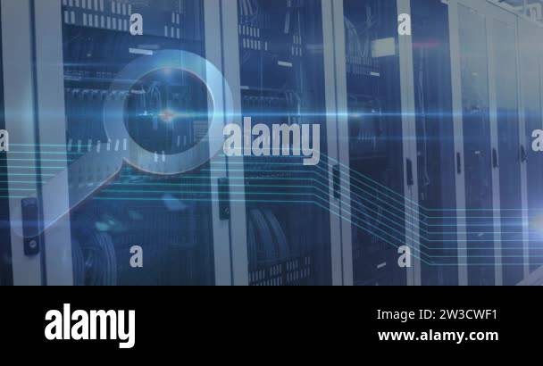 Animation of a magnifying glass icons over an empty server room ...