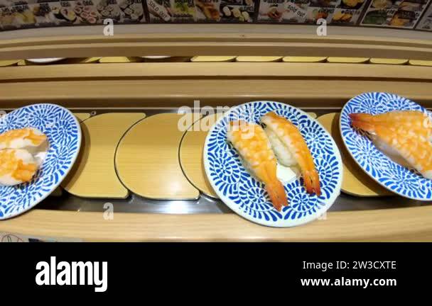 , Japan-15 April, 2019: 4K, Sushi on moving conveyor belt in a Japan ...