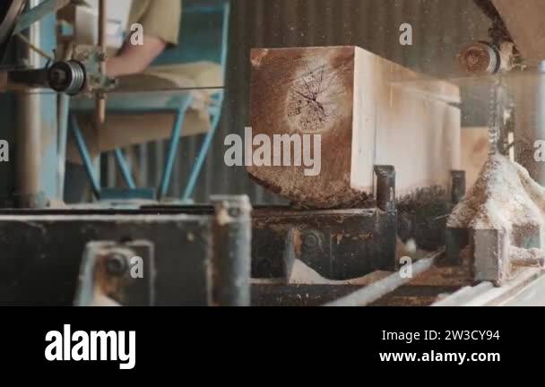 Sawing machine at wood production factory. Timber material processing ...