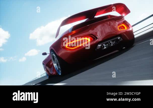 3d model of futuristic red electric car on highway. Very fast driving ...